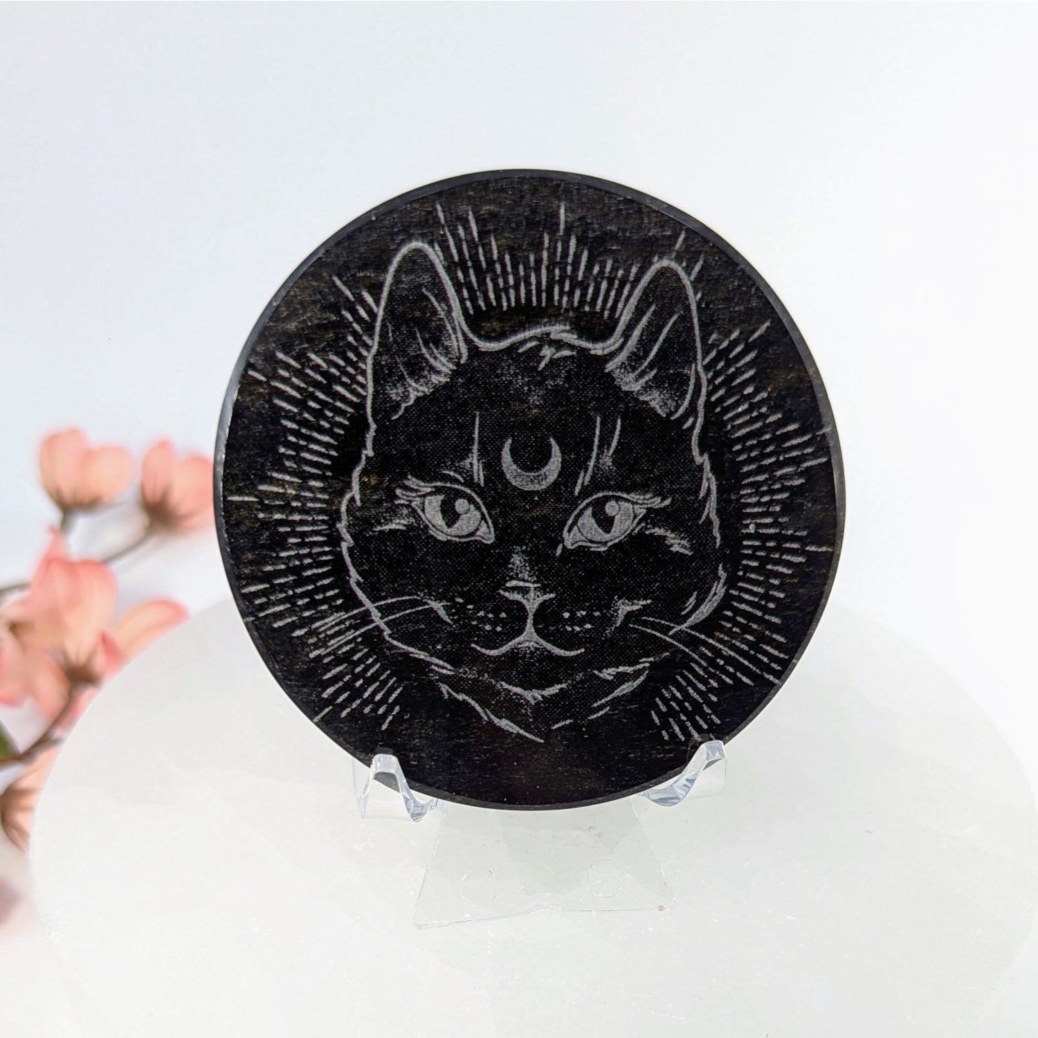 Goldsheen Obsidian Cat Face Etched Plate 2.7 Inch – Bliss Crystals
