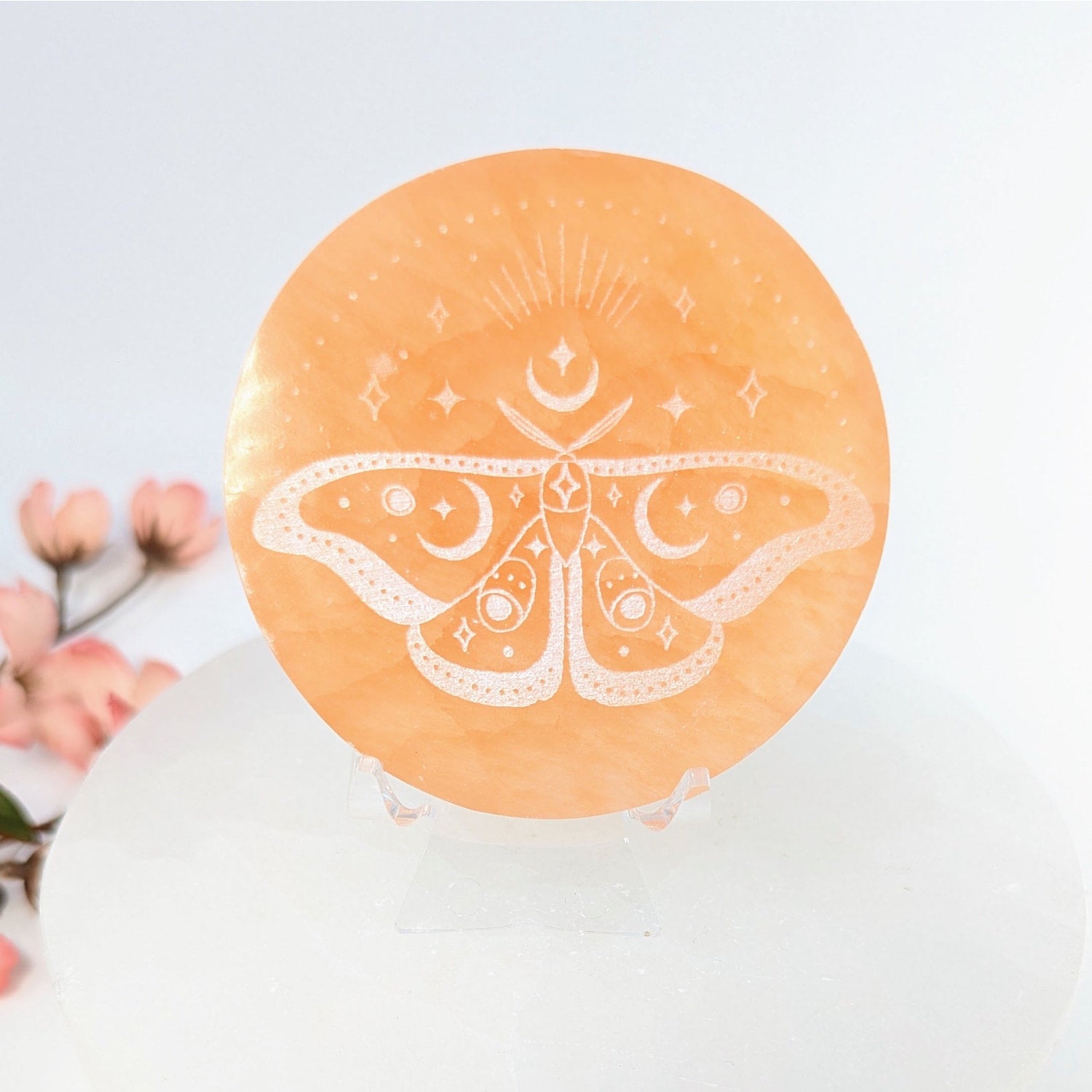 Orange Selenite Charging Plate with Moon Moth Etching – Bliss Crystals